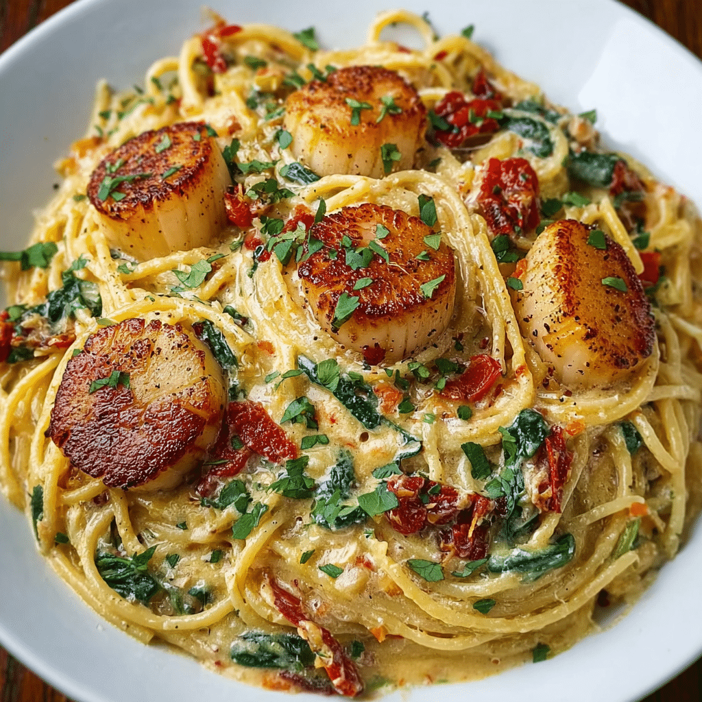Creamy Tuscan Spaghetti with Jumbo Scallops - Her Cooks